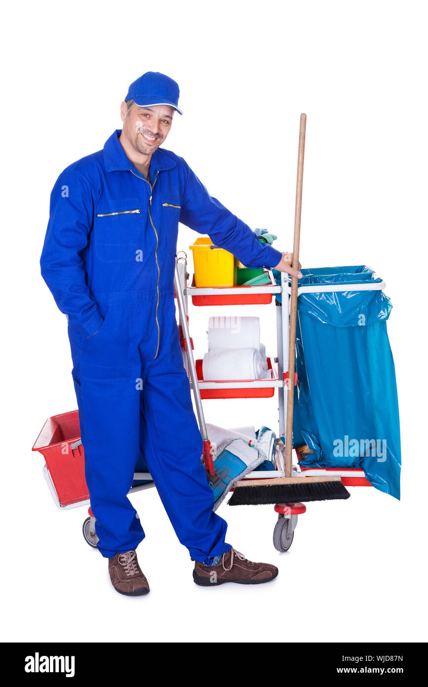 Portrait Of Smiling Cleaner Isolated On White Background Stock Photo ...