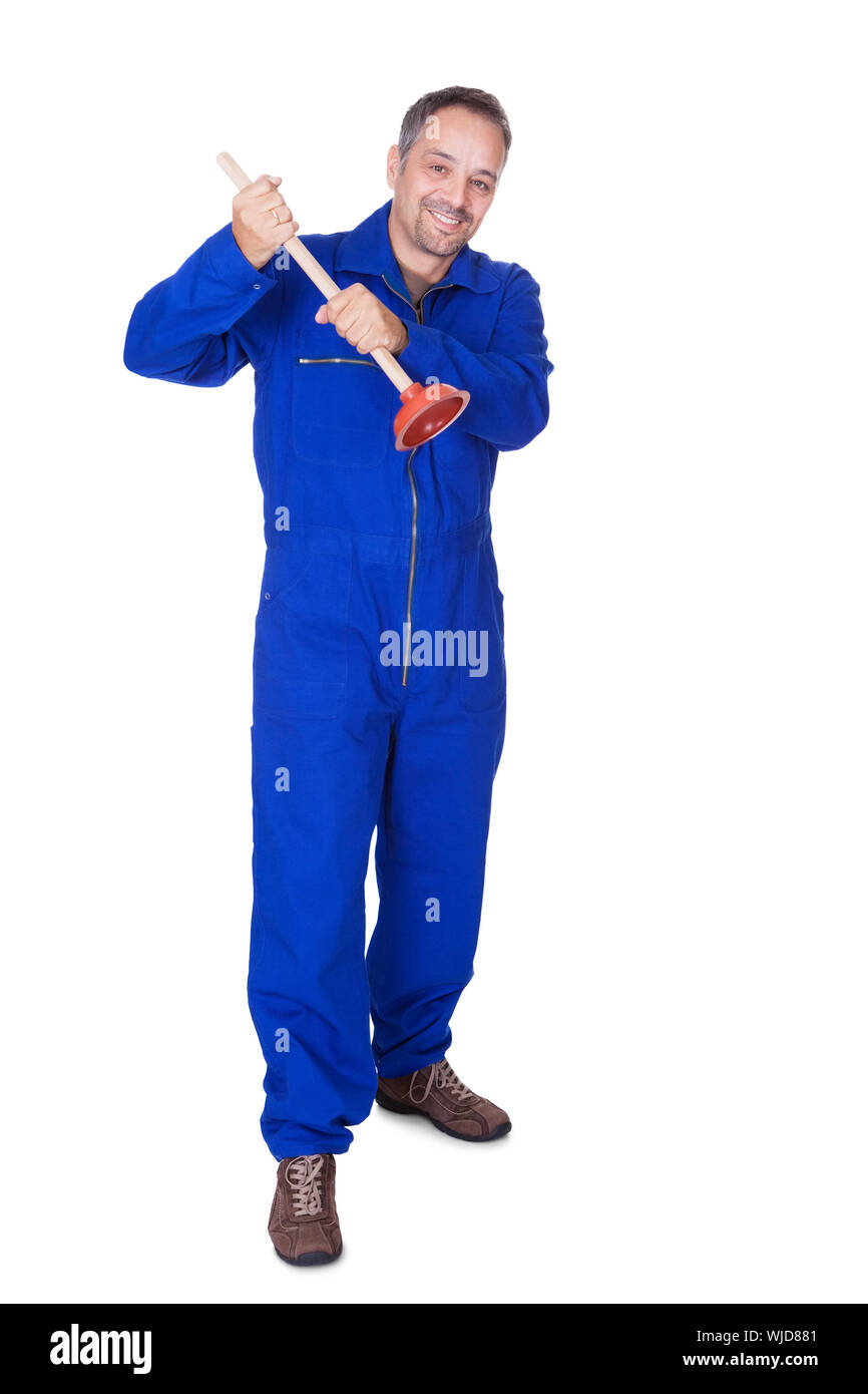 Happy Plumber Holding Plunger On White Background Stock Photo - Alamy