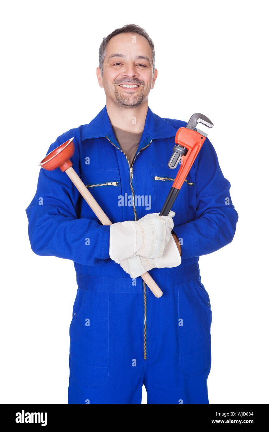 Happy Plumber Holding Plunger And Wrench On White Background Stock ...