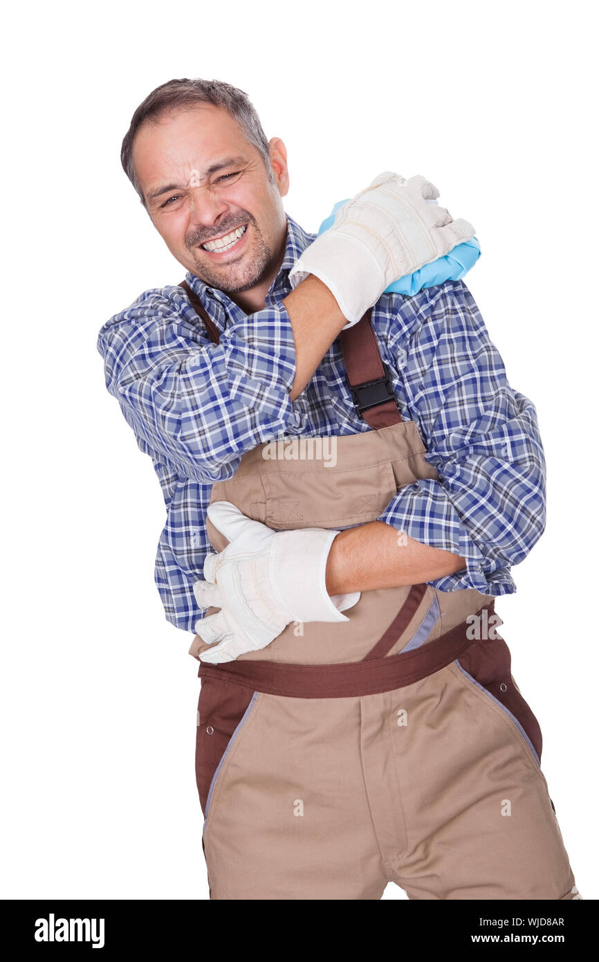 Construction Worker Suffering With Shoulder Pain On White Background ...