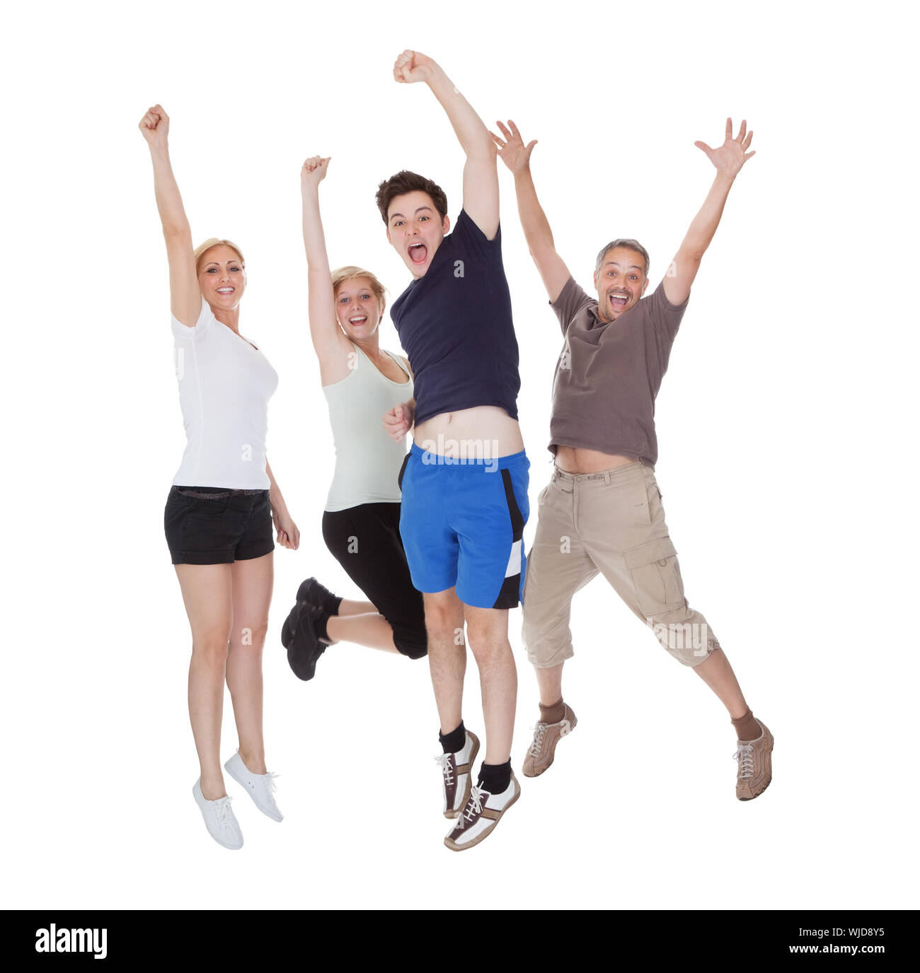 Happy excited family jumping. Isolated on white Stock Photo - Alamy