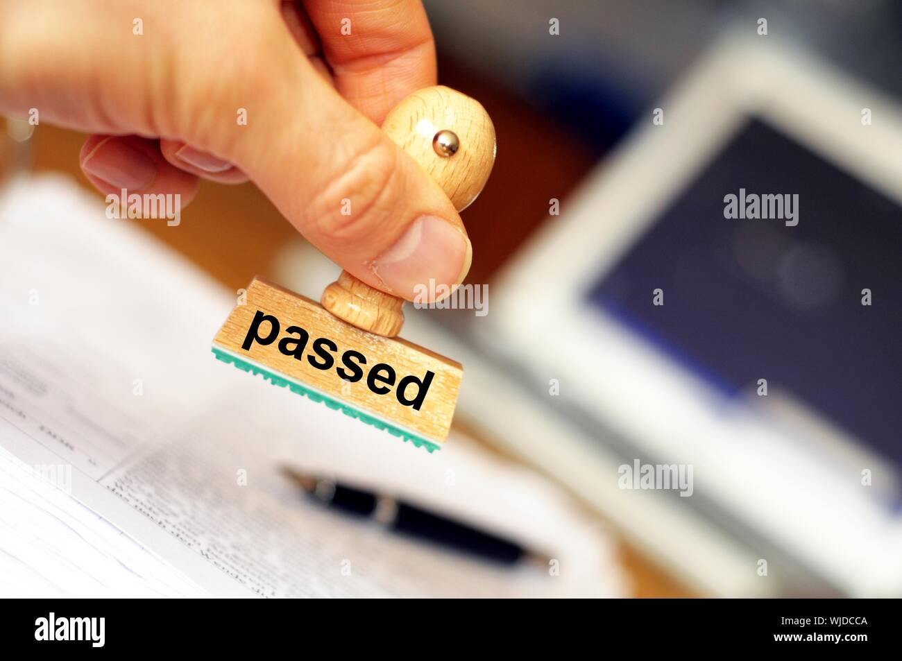 passed a test concept with stamp and copyspace Stock Photo - Alamy