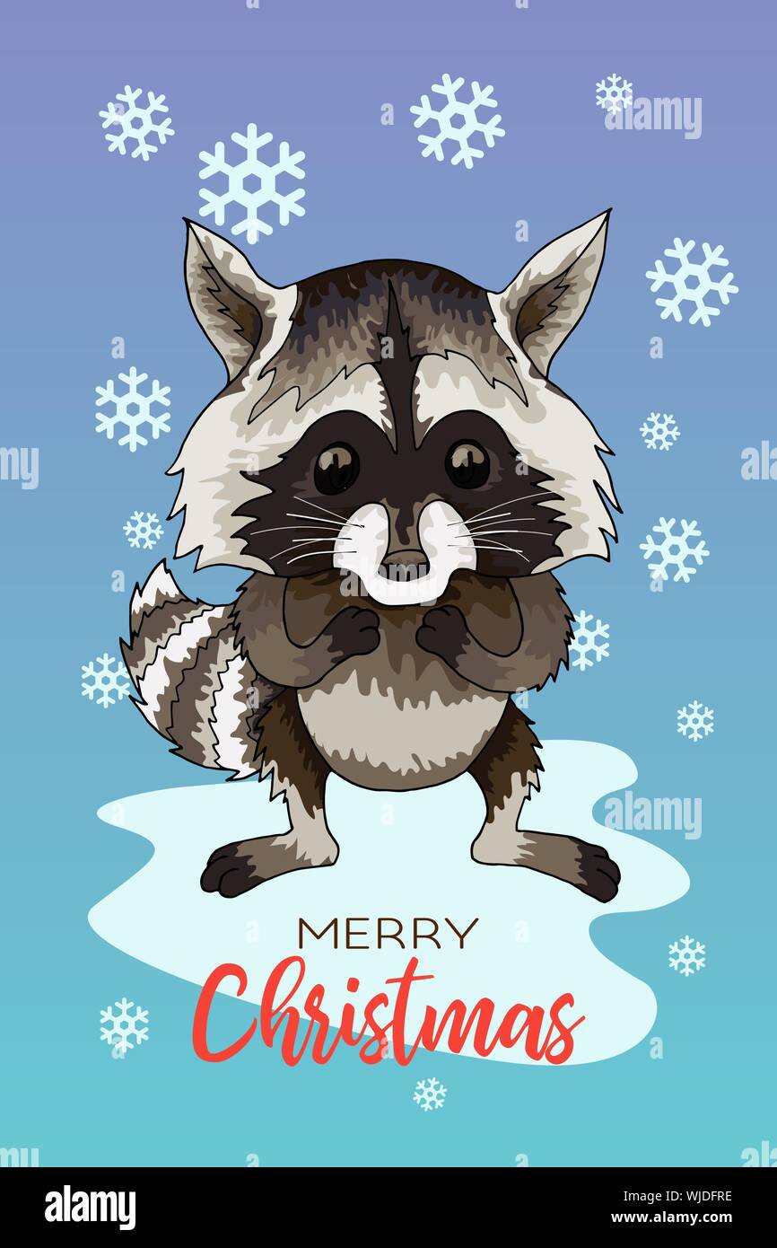 Vector holiday illustration of a cute raccoon Christmas Winter greeting ...
