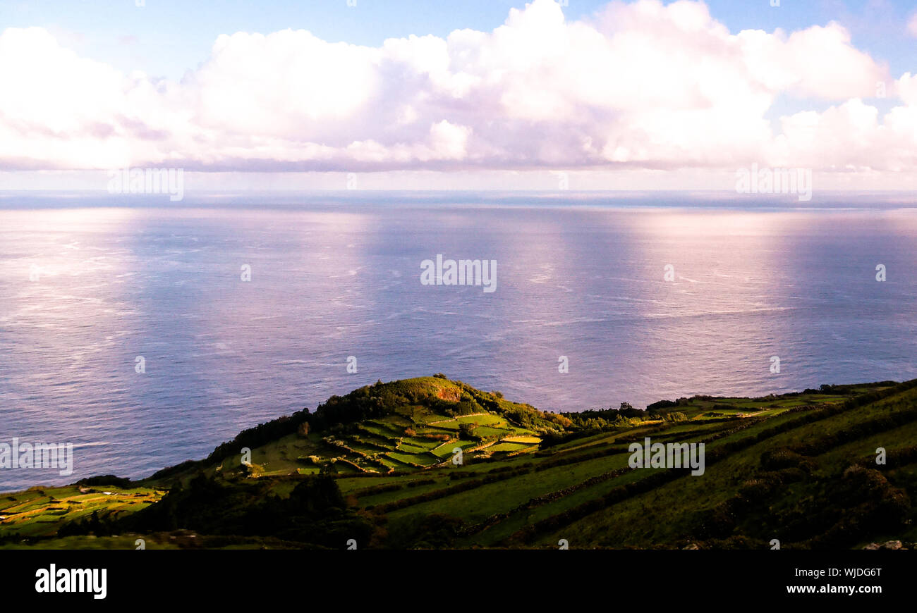 Landscape with agriculture fields at Corvo island in Azores, Portugal ...