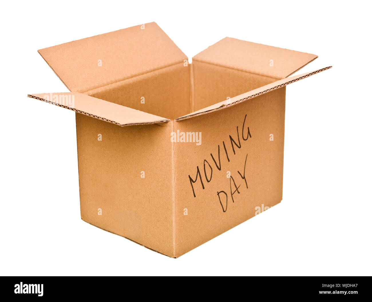 Cardboard box marked Moving Day isolated on white background Stock ...