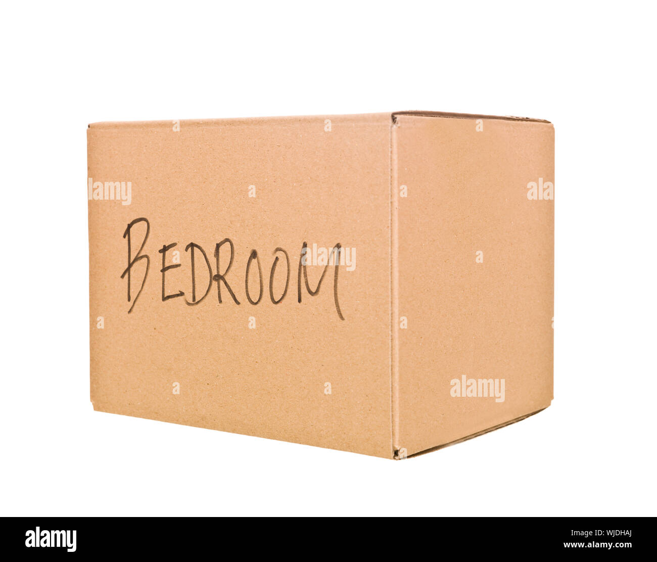 Closed Cardboard box marked bedroom isolated in white background Stock ...
