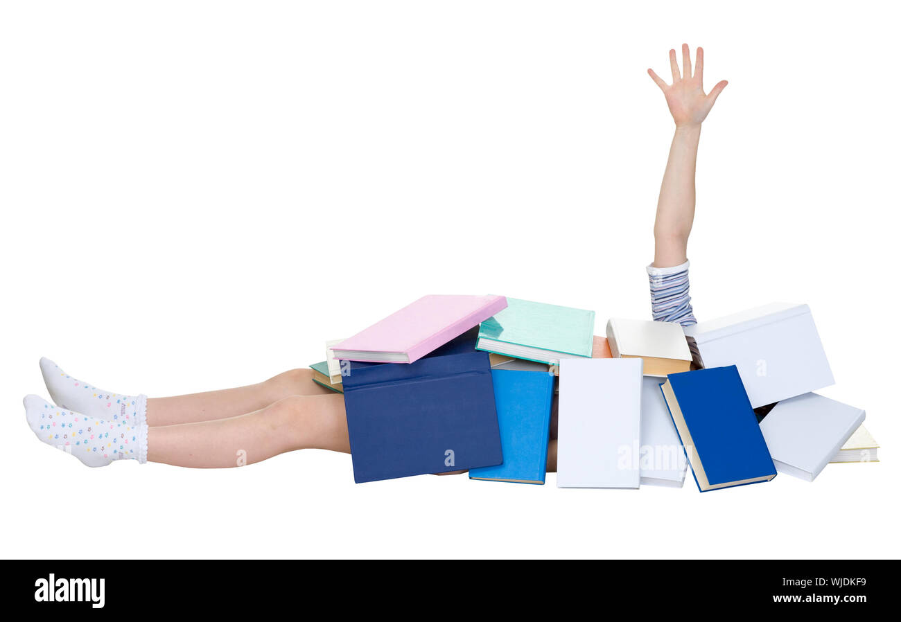 Schoolgirl heap up with books on the white background Stock Photo - Alamy