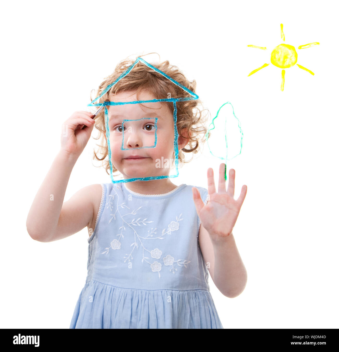 Little girl drawing on glass. Isolated on white Stock Photo - Alamy