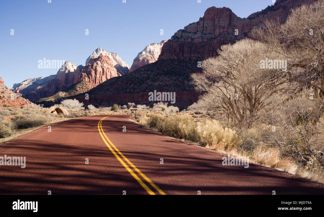 Beautiful overlook down on the road back into Zion National Park Stock ...