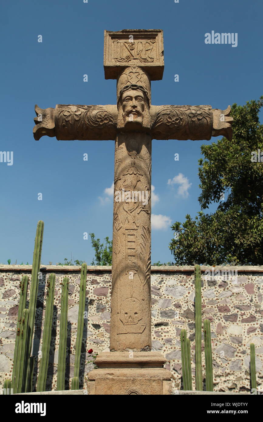Cross atrial. Tequitqui indochristian art in Acolman, Estado de Mexico ...