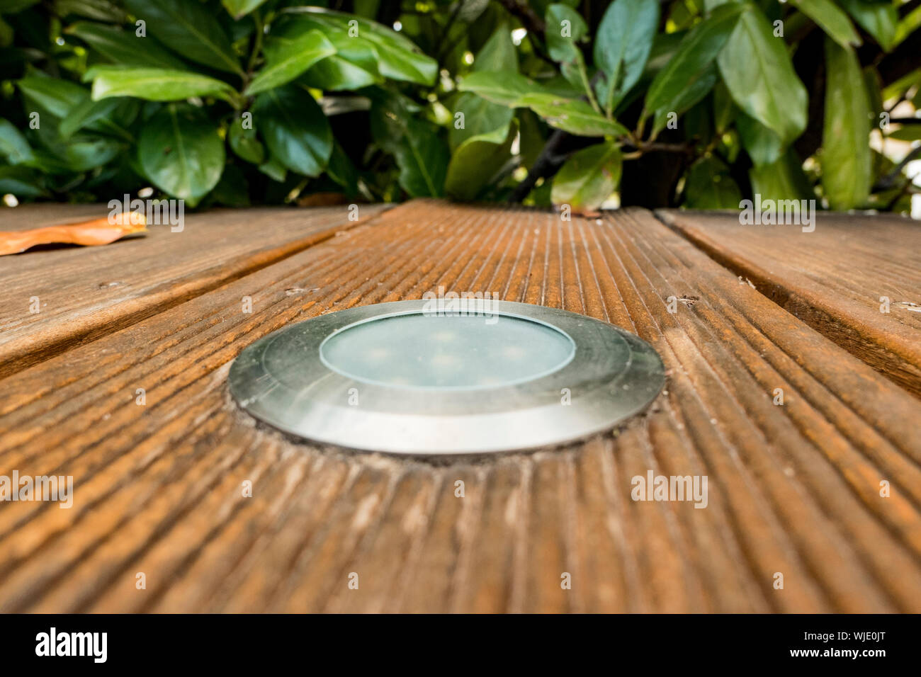Installation of LED spotlights in a wooden terrace in the garden Stock ...