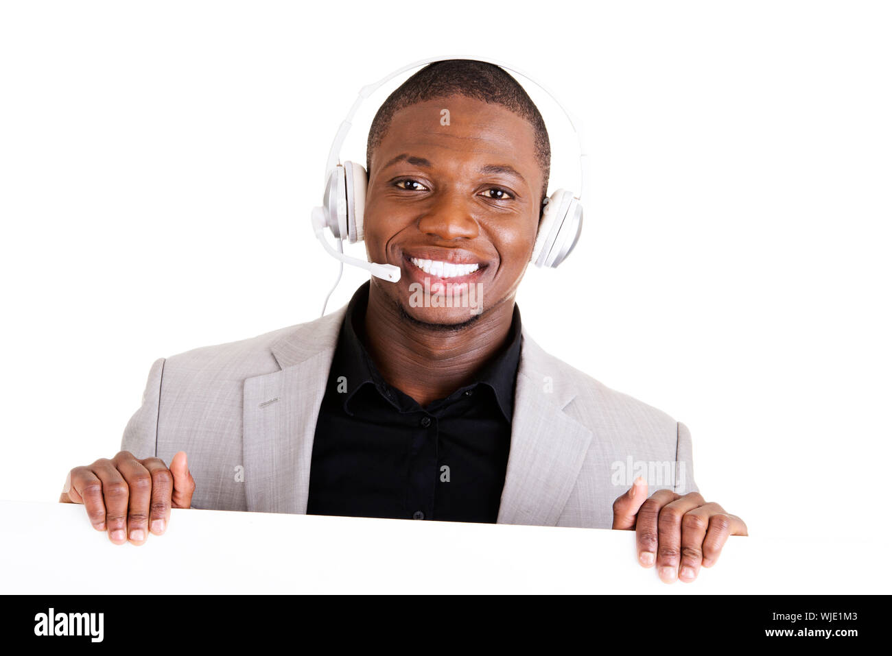 Successful call center worker with blank board, isolated on white Stock ...