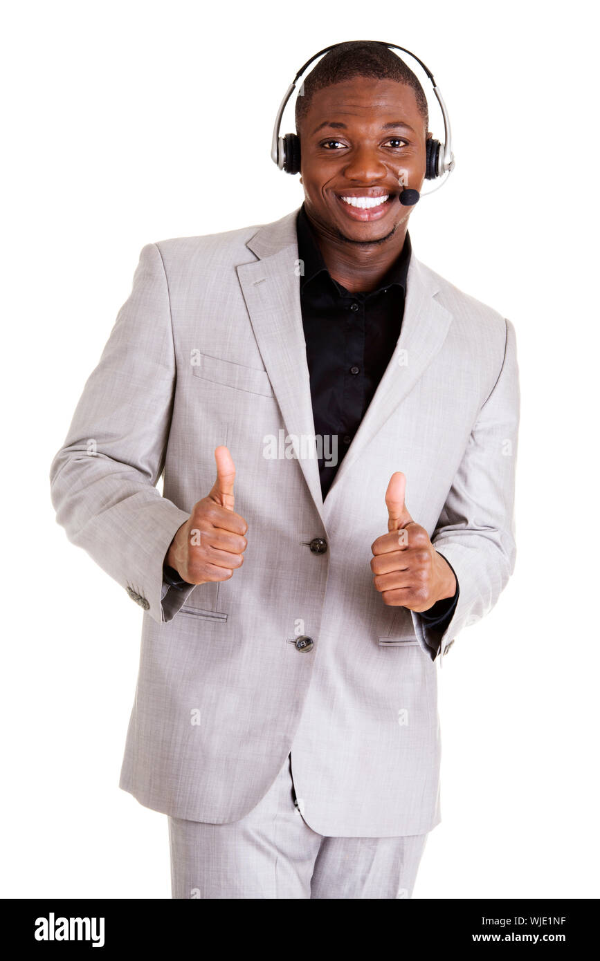 Charming customer service representative with headset on gesturing ...