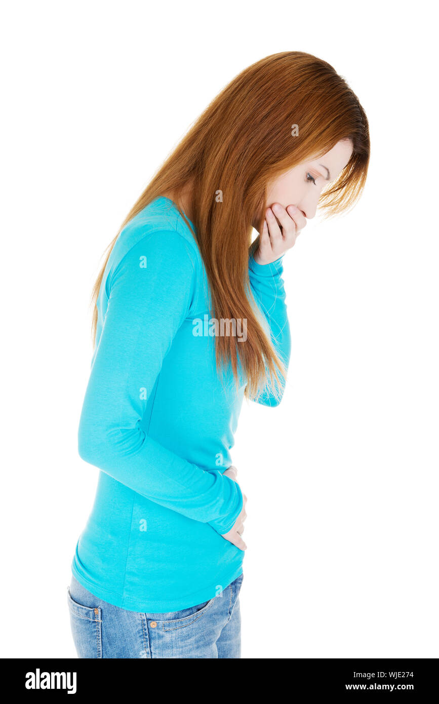 Woman with strong pain of stomach and nausea , isolated on white Stock ...