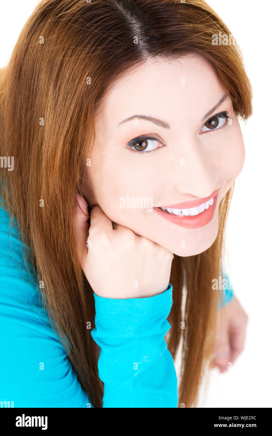 Happy attractive woman sitting, isolated on white Stock Photo - Alamy