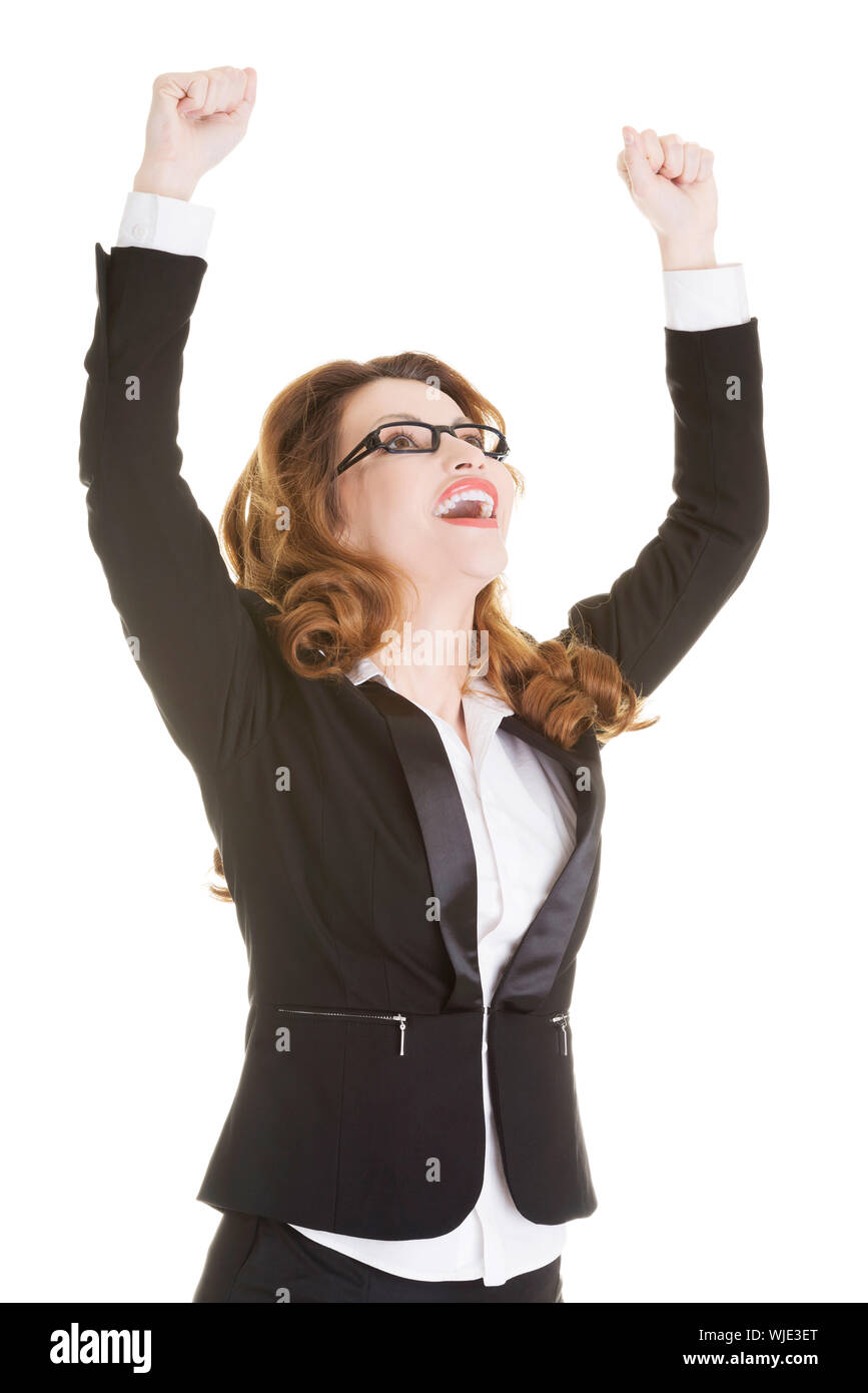 Success, winner businesswoman with fists up, isolated on white Stock ...