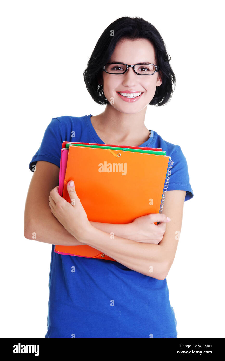 Happy student woman with notebooks, isoalted on white background Stock ...