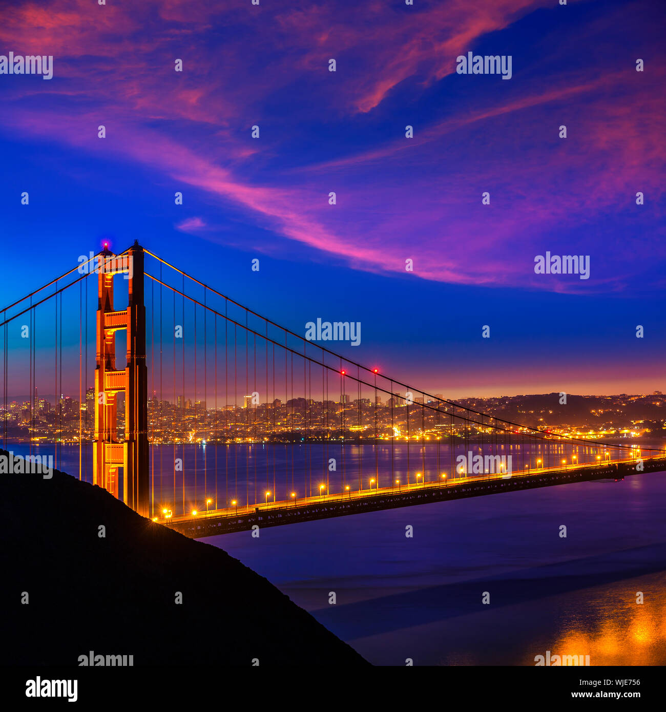 Golden Gate Bridge San Francisco sunset view through cables in ...