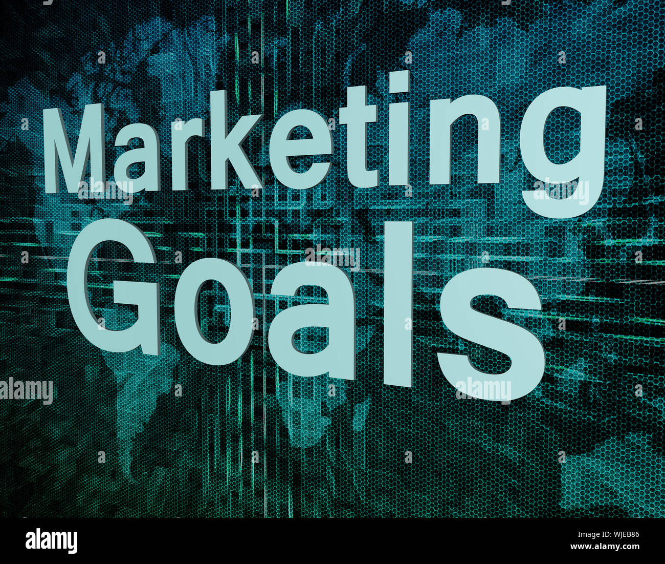 Marketing Goals text concept on green digital world map background ...