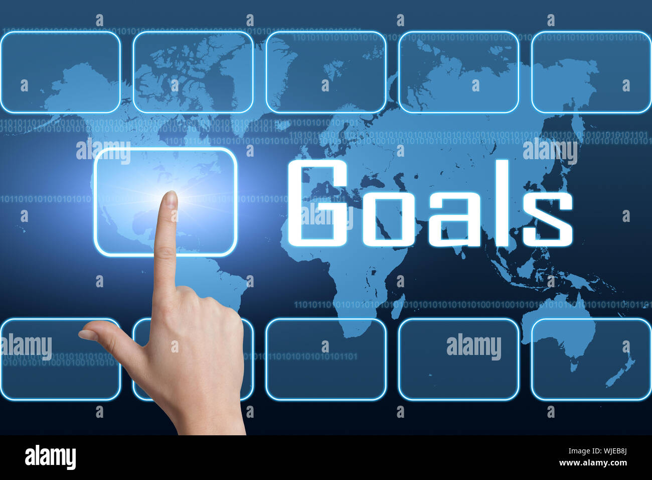 Goals concept with interface and world map on blue background Stock ...