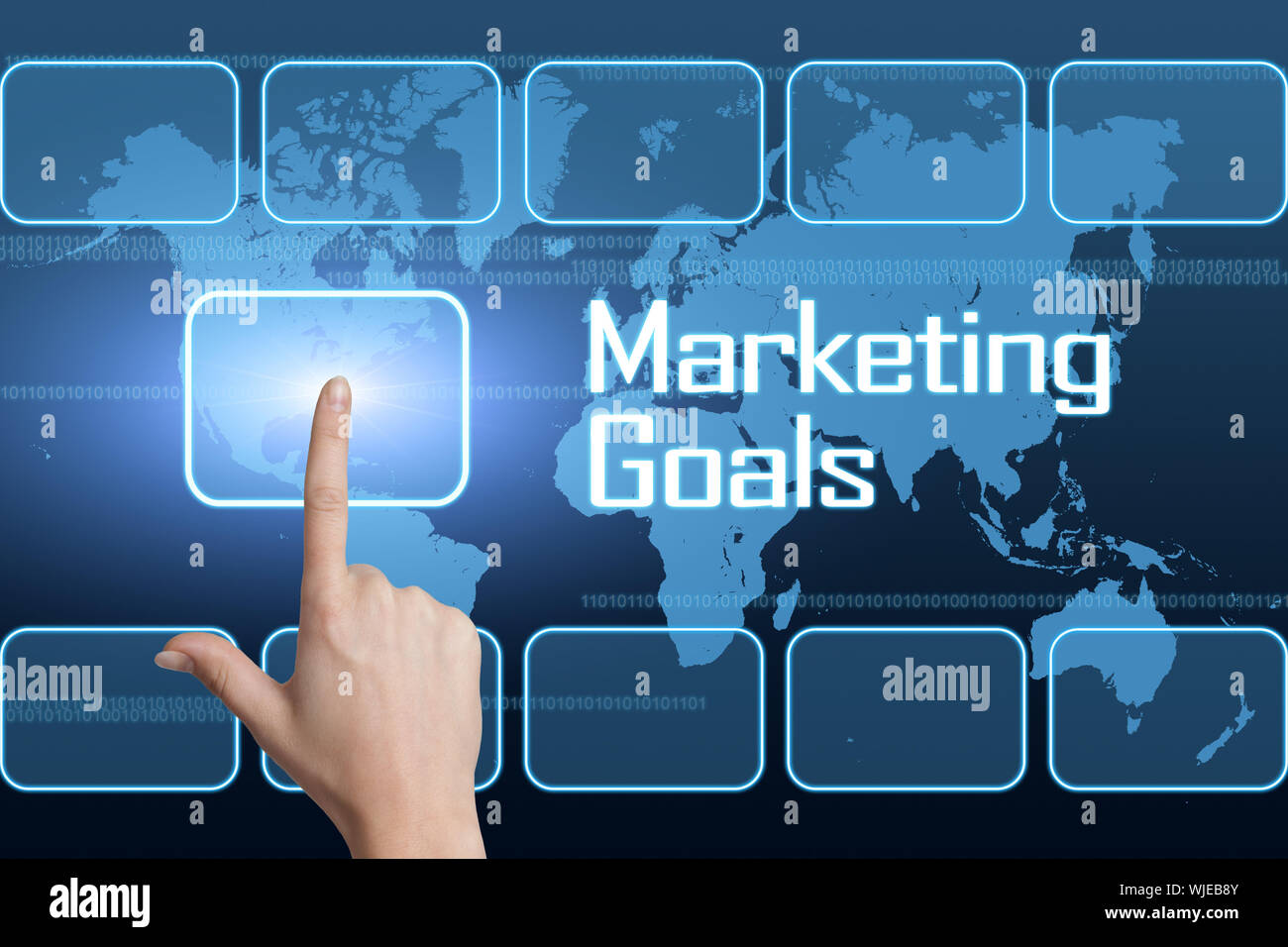 Marketing Goals concept with interface and world map on blue background ...