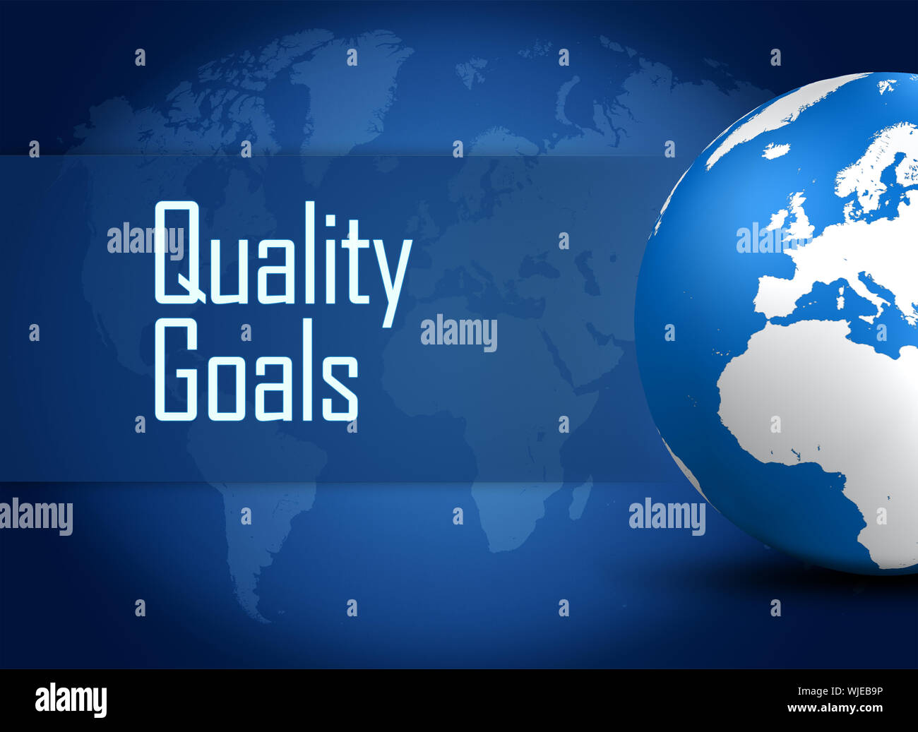 Quality Goals concept with globe on blue background Stock Photo - Alamy