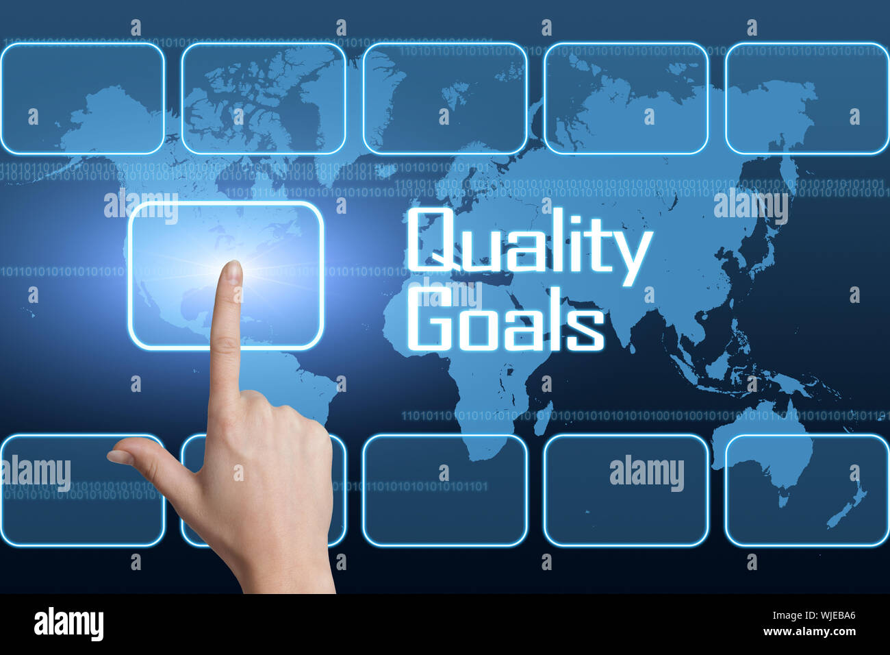 Quality Goals concept with interface and world map on blue background ...