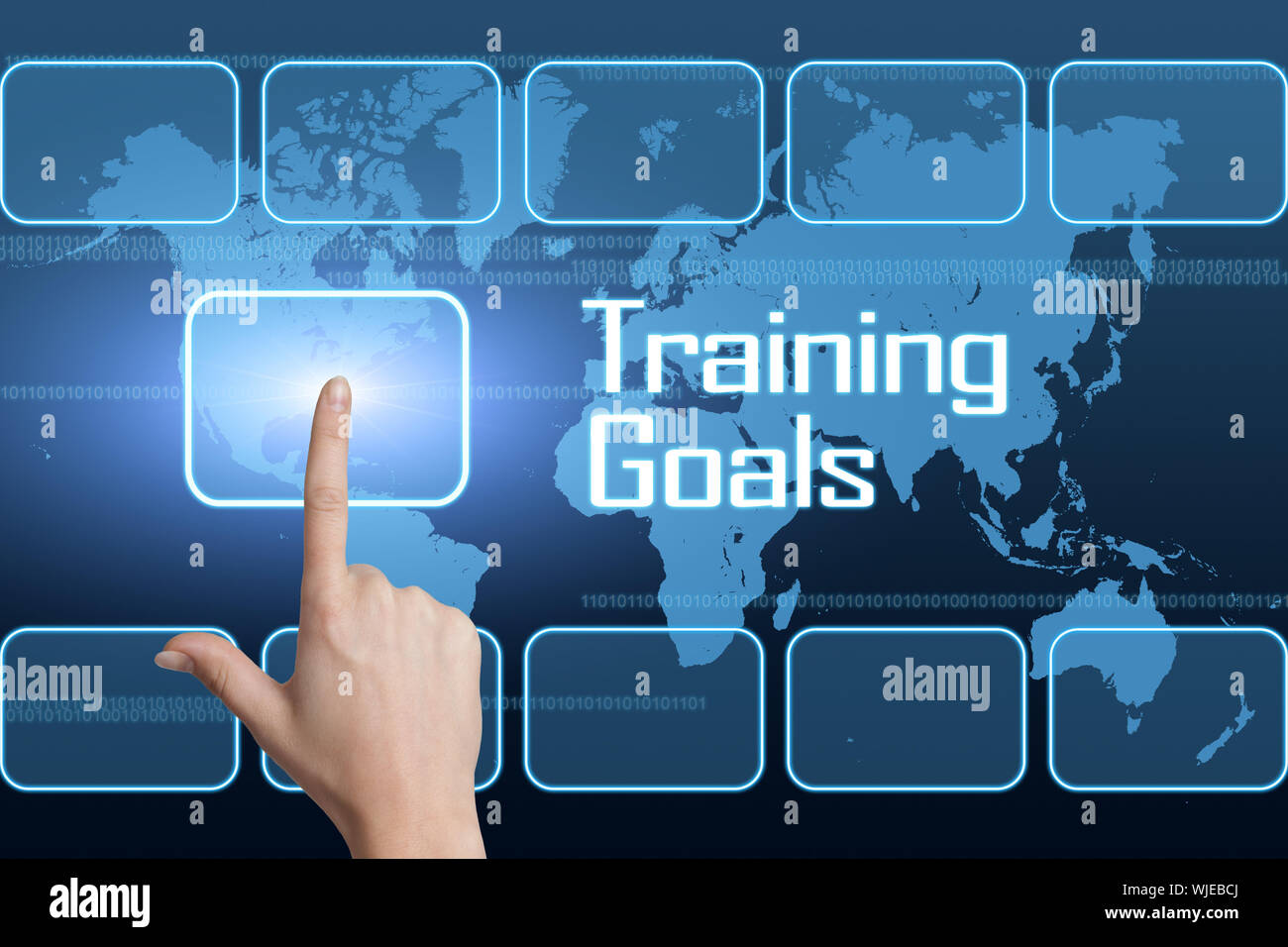 Training Goals concept with interface and world map on blue background ...