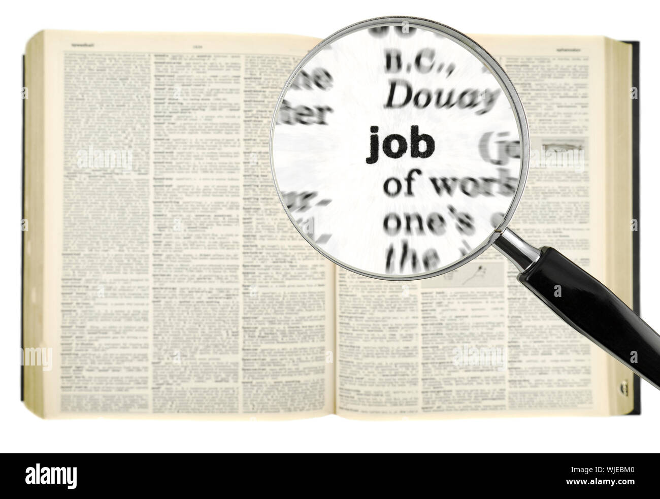 A magnifying glass on the word JOB on a dictionary. Isolated on white ...