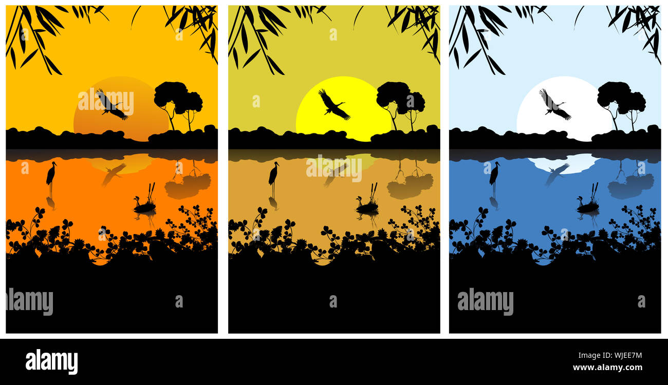 Three different views on a lake sunset background Stock Photo - Alamy