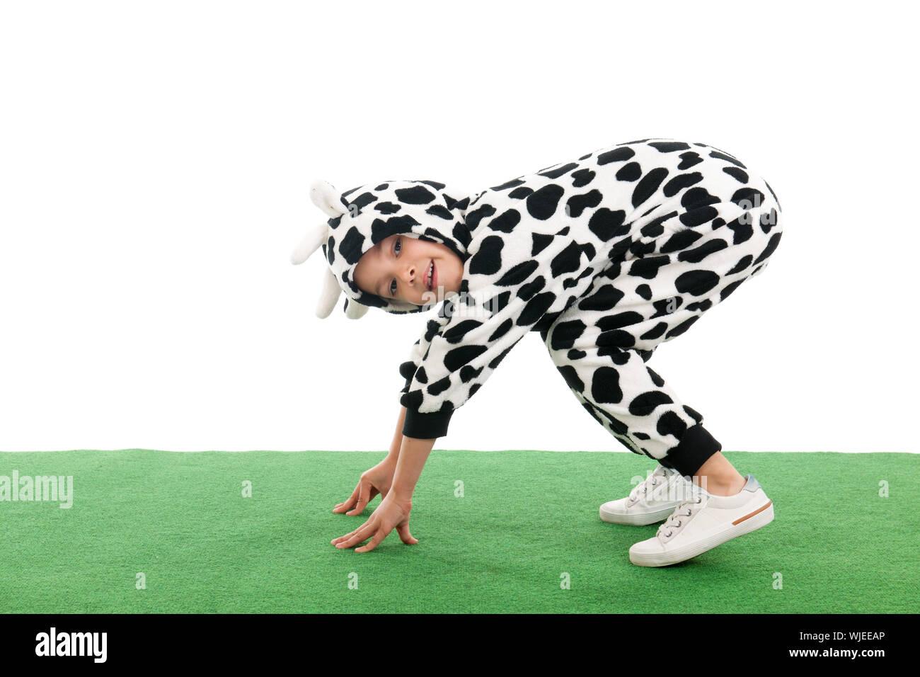 Little boy dressed as cow sitting in the grass Stock Photo - Alamy