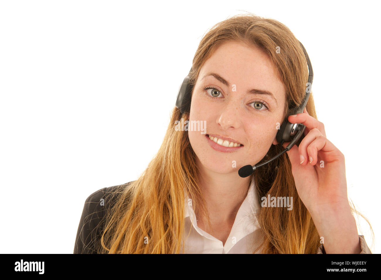 Blond woman with headset for customer support on the phone isolated ...
