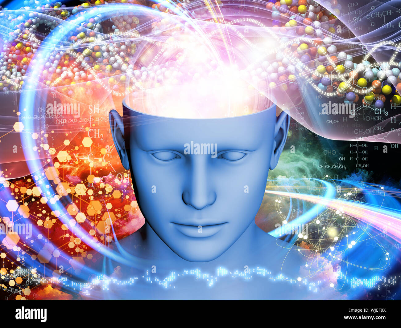 Abstract design made of human head and symbolic elements on the subject ...