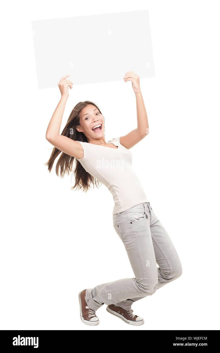 Poster sign woman excited standing in full length - funny and energetic ...