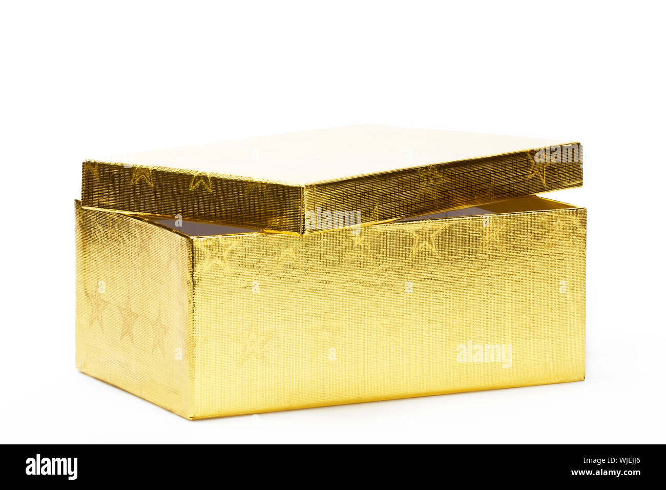 slightly opened golden present box with stars on white background Stock ...