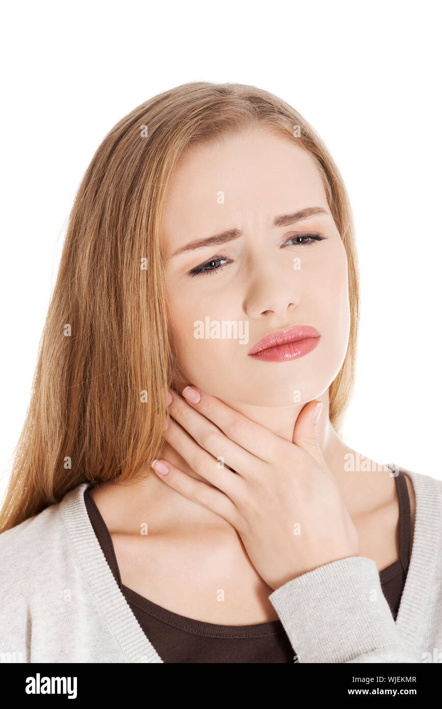 Beautiful Casual Woman Is Having Sore Throat Isolated On White Stock