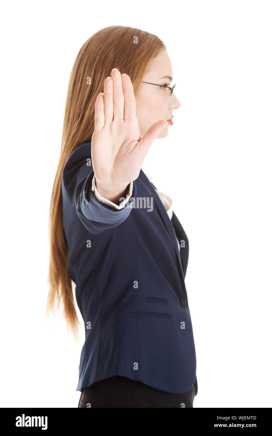 Beautiful business woman showing stop gesture by hand. Isolated on ...
