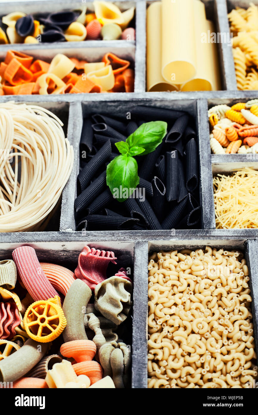 Assorted pastas in wooden box (with easy removable sample text Stock ...
