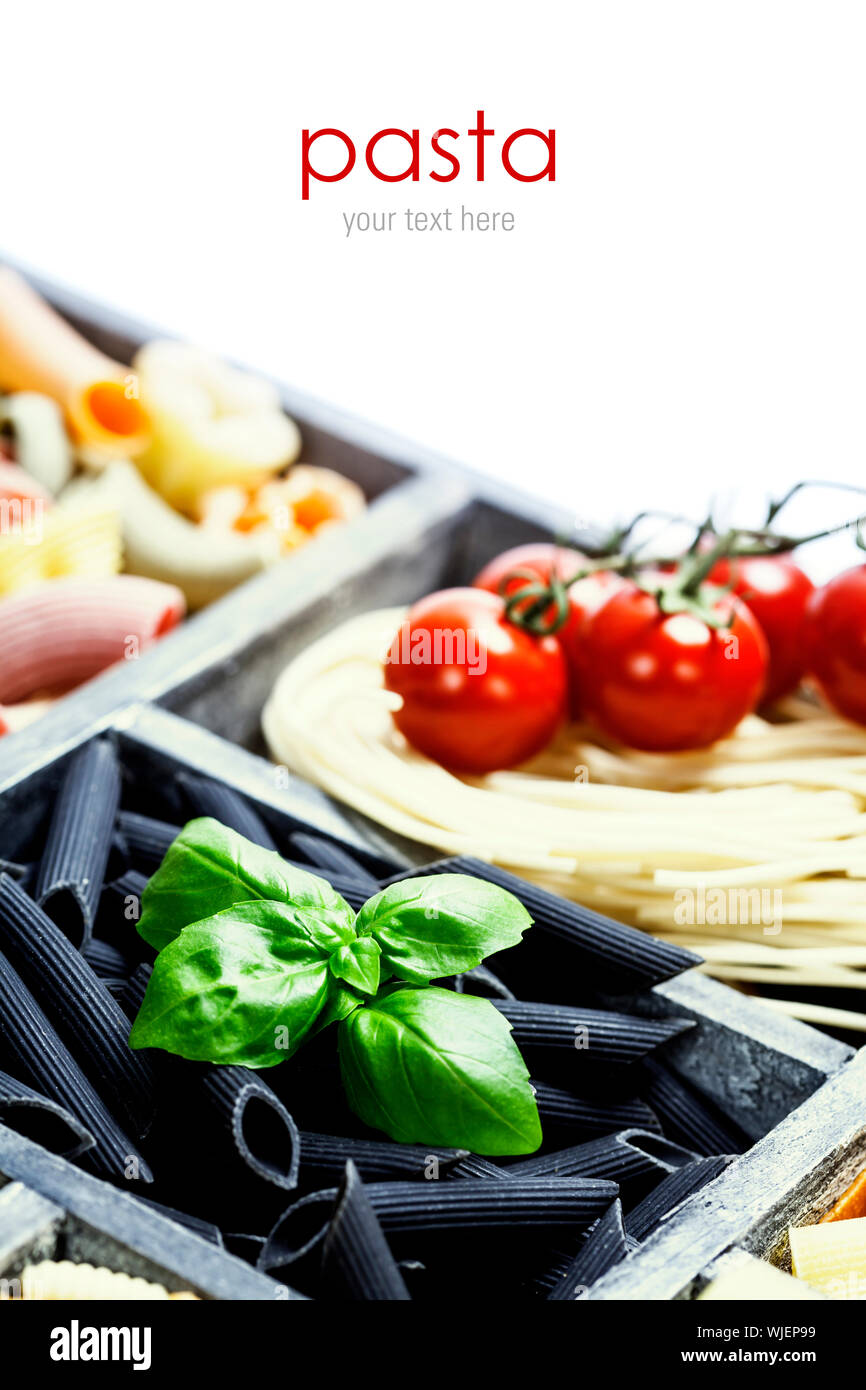 Assorted pastas in wooden box (with easy removable sample text Stock ...