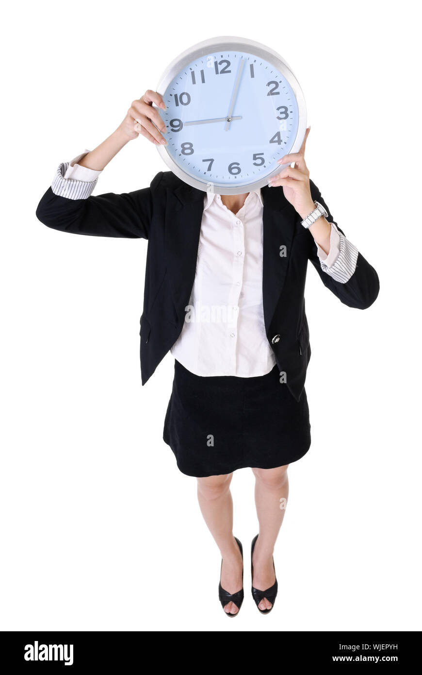 Business woman holding clock, full length portrait isolated on white ...