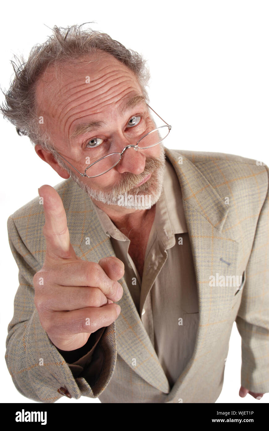 Fisheye shot of a wacky professor pointing disapprovingly Stock Photo ...