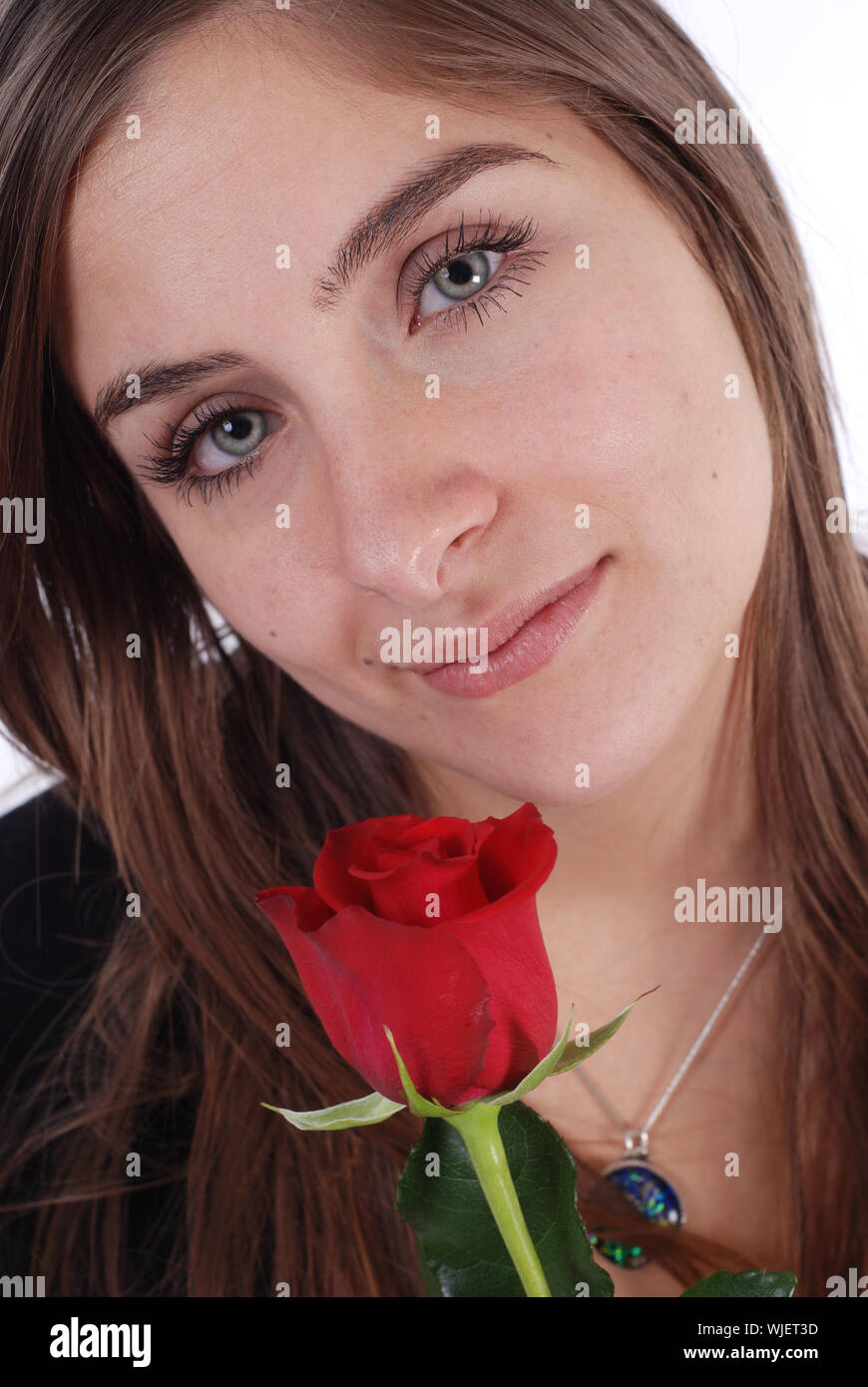 Beautiful girl holding a rose on white background Stock Photo - Alamy