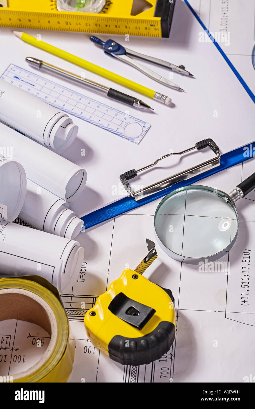 set of architect tools on blueprint Stock Photo - Alamy