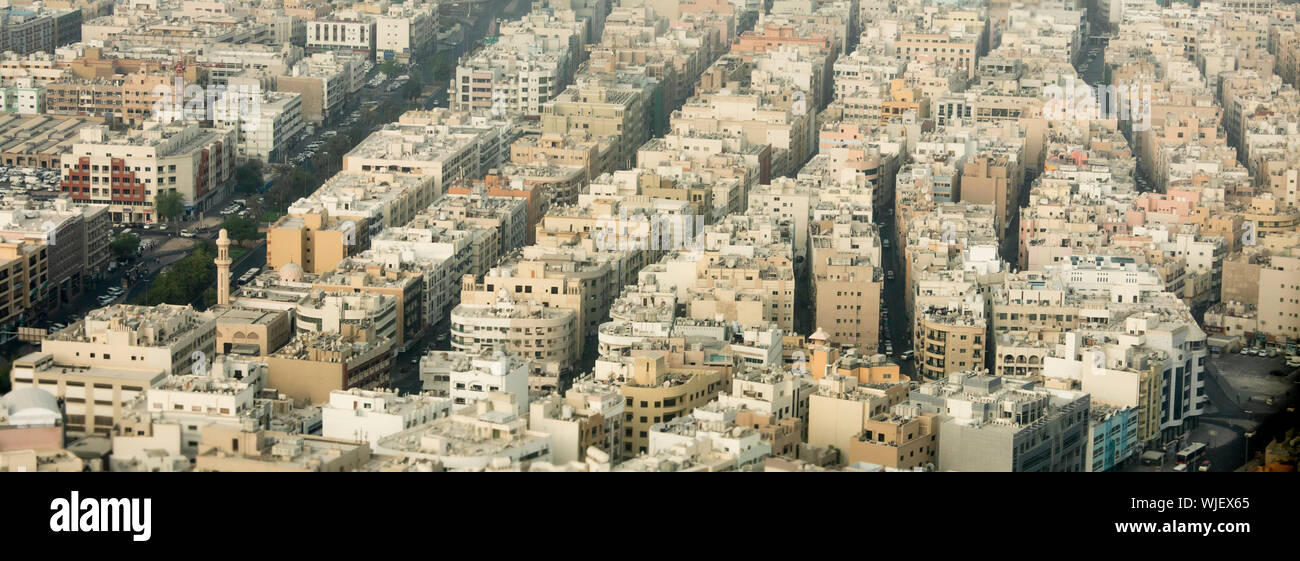 Aerial panorama of the old city of Dubai, with crowded buildings Stock ...