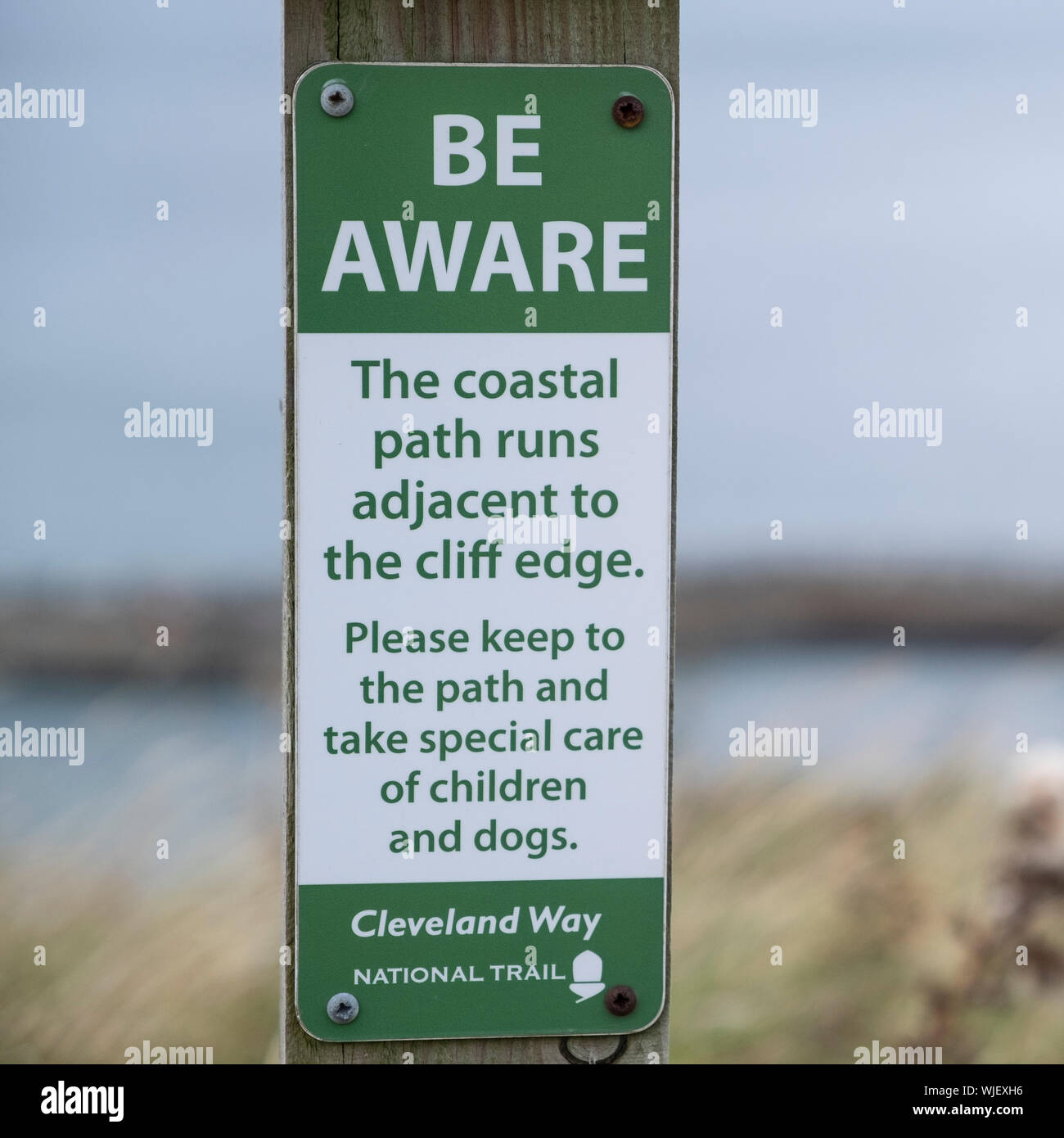 Danger and warning signs on the Cleveland Way, near to Staithes, North ...
