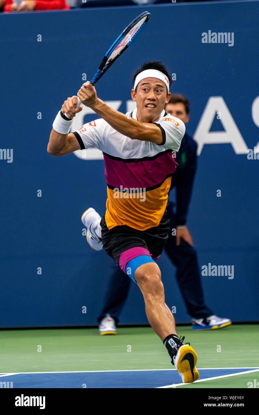 Kei Nishikori of Japan competing in the second round of the 2019 US ...