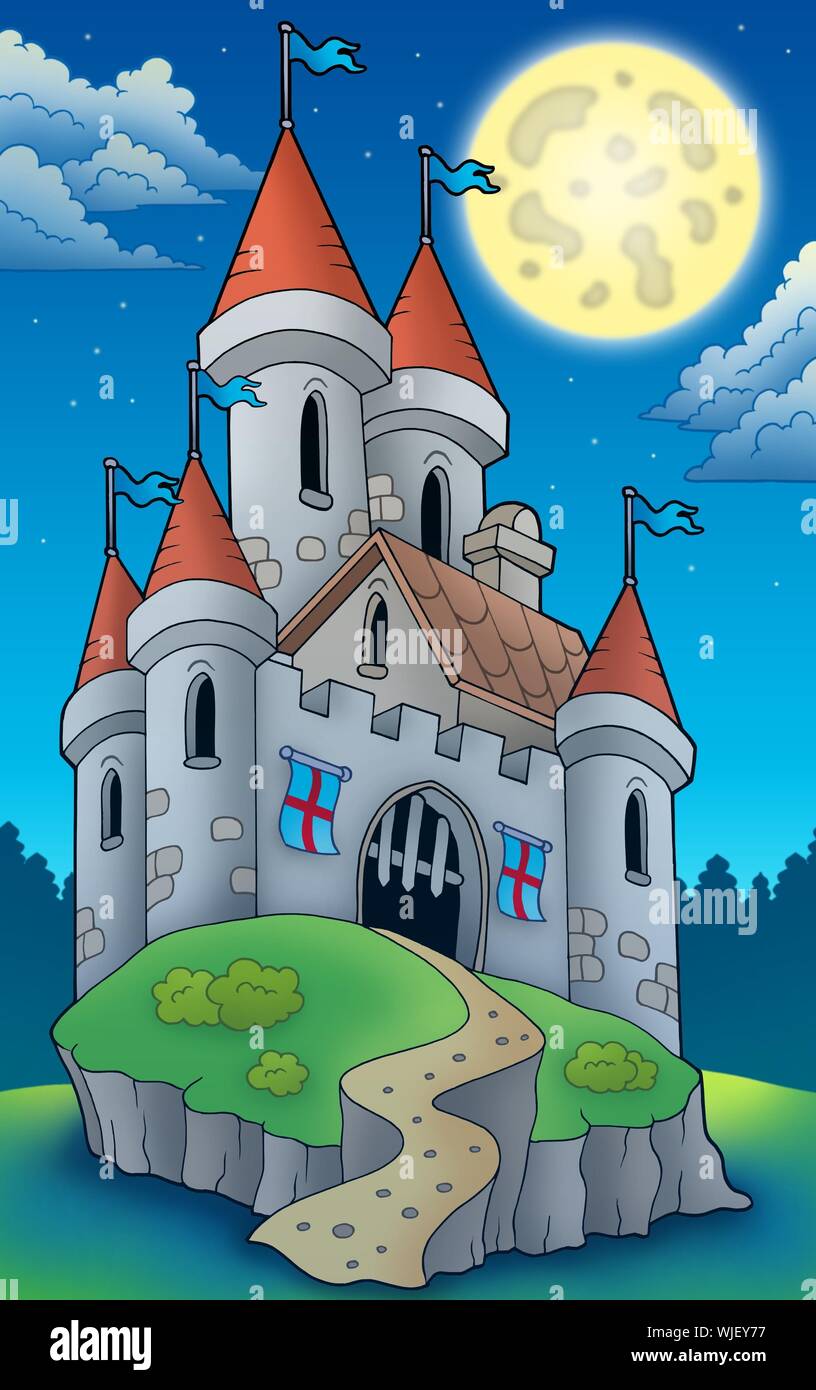 Night view on big castle on hill - color illustration Stock Photo - Alamy