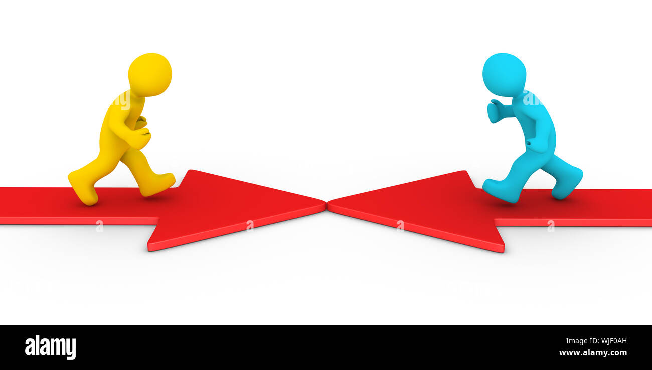 Two 3d people are running on opposite direction arrows Stock Photo - Alamy