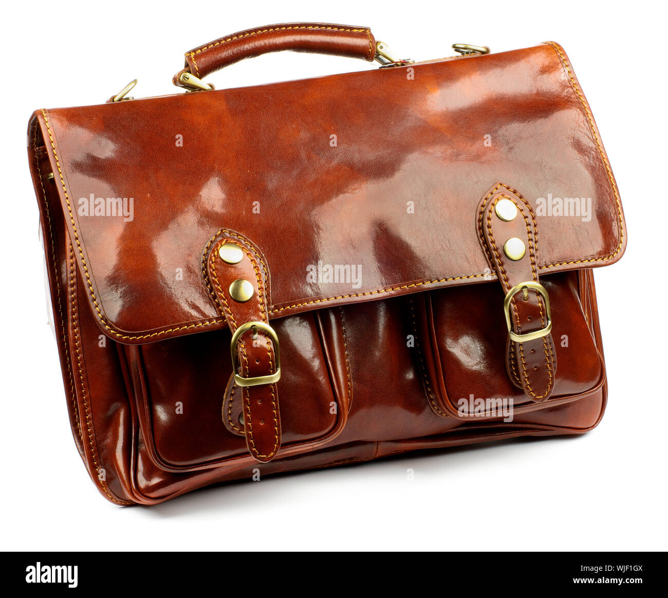 Ginger Shiny Leather Old Fashioned Briefcase with Gold Details and ...