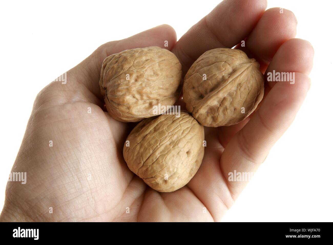 Human hand holding three walnut nuts over white background Stock Photo ...